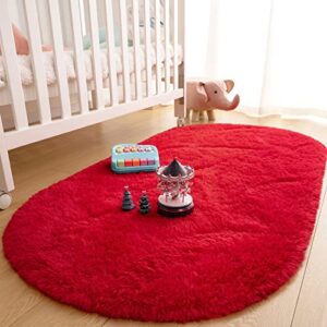 detum soft fluffy area rugs, 2.6 x 5.3 feet red plush rug for girls boys bedroom oval throw rug for nursery reading room, shaggy cute rugs for kids room bedside school dorm home décor