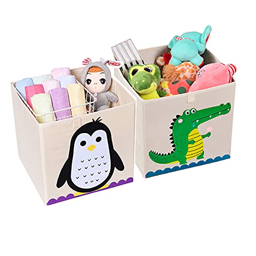 ZMJessnia Children's Foldable Fabric Storage Cube Organizer Box,13 Inch Square Soft Toy Bins (2 Pack) (crocodile & dinosaur)