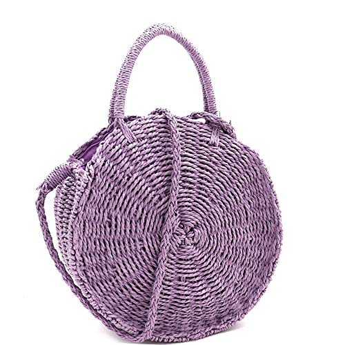 Natural Handmade Summer Beach Bali Woven Straw Round Satchel Crossbody Bag Purse (Medium Large - 1Lavender)