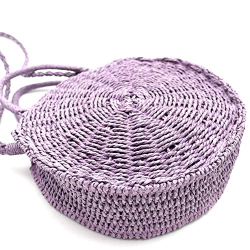 Natural Handmade Summer Beach Bali Woven Straw Round Satchel Crossbody Bag Purse (Medium Large - 1Lavender)