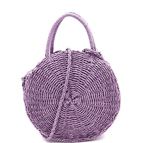 Natural Handmade Summer Beach Bali Woven Straw Round Satchel Crossbody Bag Purse (Medium Large - 1Lavender)