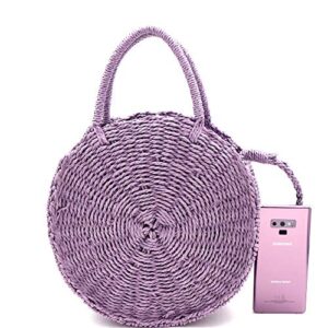 Natural Handmade Summer Beach Bali Woven Straw Round Satchel Crossbody Bag Purse (Medium Large - 1Lavender)