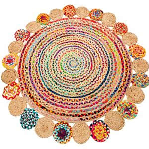 NAQSH Handwoven Cotton Jute Area Rug - 3 Feet Round Multicolor Handmade Reversible Braided Rag Rug (3 Feet, Multi Fancy Jute+Cotton)