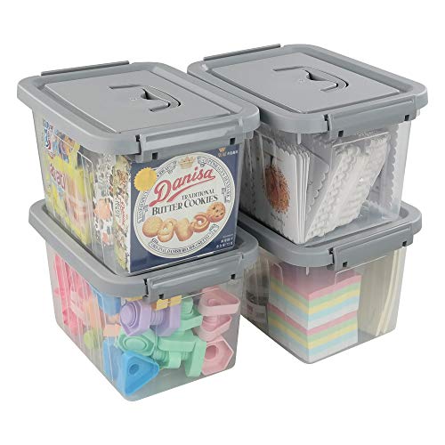 Ggbin 6 Quart Clear Latch Storage Box with Grey Handle and Latches - 4 Pack