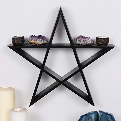 Ebros Light Duty Black Sacred Pentagram Pentacle Star Wall Hanging Floating MDF Wood Shelf 15" Tall 15" Wide Occult Wiccan Triple Goddess Home Office Room Accent