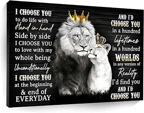 The Lion King and Queen with Crown Wall Art African Wild Animals Canvas Prints Pictures Black and White Modern Giclee Framed Artwork for Bedroom Bathroom Office Wall Decor Ready to Hang 24x16 inch