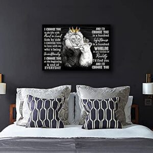 The Lion King and Queen with Crown Wall Art African Wild Animals Canvas Prints Pictures Black and White Modern Giclee Framed Artwork for Bedroom Bathroom Office Wall Decor Ready to Hang 24x16 inch