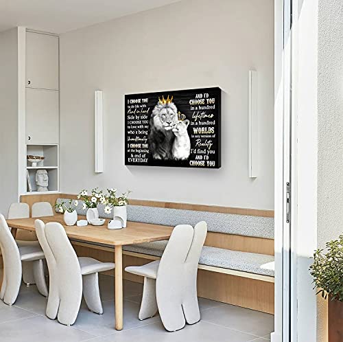 The Lion King and Queen with Crown Wall Art African Wild Animals Canvas Prints Pictures Black and White Modern Giclee Framed Artwork for Bedroom Bathroom Office Wall Decor Ready to Hang 24x16 inch