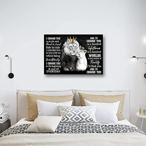 The Lion King and Queen with Crown Wall Art African Wild Animals Canvas Prints Pictures Black and White Modern Giclee Framed Artwork for Bedroom Bathroom Office Wall Decor Ready to Hang 24x16 inch