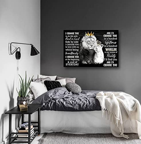 The Lion King and Queen with Crown Wall Art African Wild Animals Canvas Prints Pictures Black and White Modern Giclee Framed Artwork for Bedroom Bathroom Office Wall Decor Ready to Hang 24x16 inch