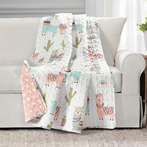 pb&j make a wish southwest llama cactus white & blush reversible throw blanket, 50″ x 60″