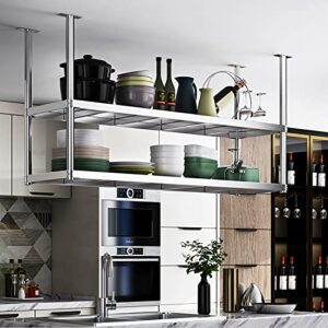 Hanging Floating Stainless Steel Shelf, 2-Layer European Ceiling Hanger, Restaurant Bar Display Stand, 6 Sizes