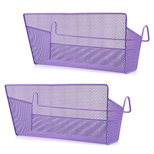 BTSKY 2 Pack Bedside Storage Baskets, Dorm Room Bed Storage Basket Metal Mesh Desktop Corner Shelves Hanging Organizer Rack Shelf Bedside for Book Phones Drinks Tissues Office Home with Hook Purple