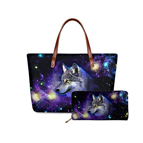 INSTANTARTS Galaxy Wolf Print Satchel Handbags Neoprene Top Handle Tote Shoulder Bag with Long Wallet - 2 Piece Set