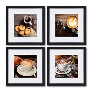 Coffee Wall Art Coffee Beans Picture Framed Canvas Print in White Matte and Black Framed Artwork 12x12 Inch Set of 4 for Kitchen and Home or Living Room Decor