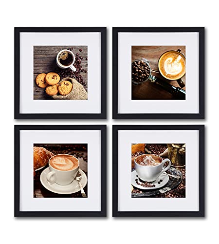 Coffee Wall Art Coffee Beans Picture Framed Canvas Print in White Matte and Black Framed Artwork 12x12 Inch Set of 4 for Kitchen and Home or Living Room Decor