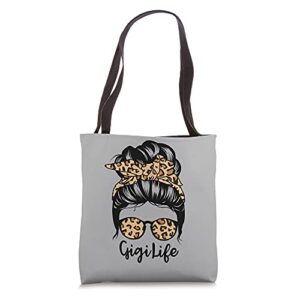 gigi life messy bun hair funny leopard gigi tote bag