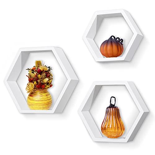 ZGZD White Floating Shelves Hexagon Wall Organizers Display Hanging Shelf for Room, Kitchen, Office, Set of 3