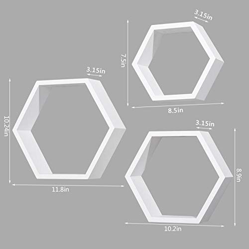 ZGZD White Floating Shelves Hexagon Wall Organizers Display Hanging Shelf for Room, Kitchen, Office, Set of 3