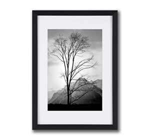 tree mountain wall art black and white landscape picture framed canvas print in white matte and black framed 11×16 inch modern artwork for kitchen and home or living room decor