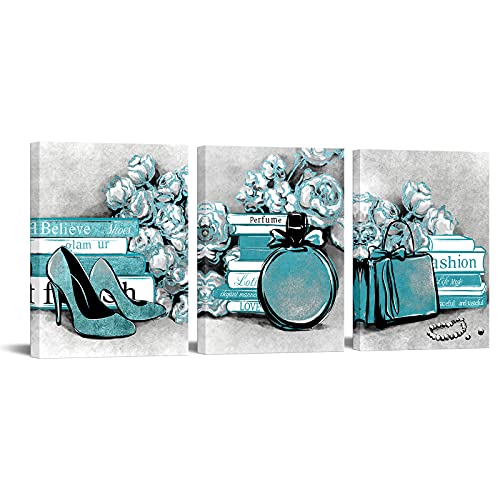 LevvArts 3 Piece Fashion Canvas Wall Art Glam High Heels Perfume Bags with Book Poster Art Painting Prints Framed Modern Teal and Grey Home Bathroom Beauty Room Decorations 12x16inchx3pcs