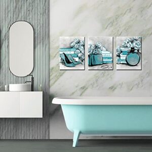 LevvArts 3 Piece Fashion Canvas Wall Art Glam High Heels Perfume Bags with Book Poster Art Painting Prints Framed Modern Teal and Grey Home Bathroom Beauty Room Decorations 12x16inchx3pcs