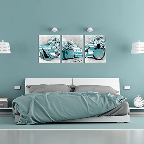 LevvArts 3 Piece Fashion Canvas Wall Art Glam High Heels Perfume Bags with Book Poster Art Painting Prints Framed Modern Teal and Grey Home Bathroom Beauty Room Decorations 12x16inchx3pcs