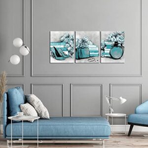 LevvArts 3 Piece Fashion Canvas Wall Art Glam High Heels Perfume Bags with Book Poster Art Painting Prints Framed Modern Teal and Grey Home Bathroom Beauty Room Decorations 12x16inchx3pcs