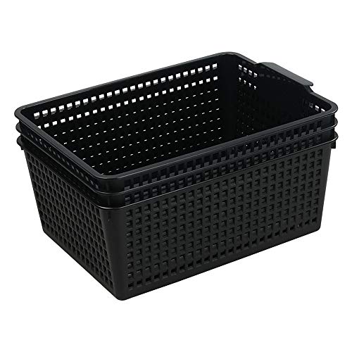 Leendines Plastic Storage Baskets, 3 Packs Plastic Black Organizer Bin