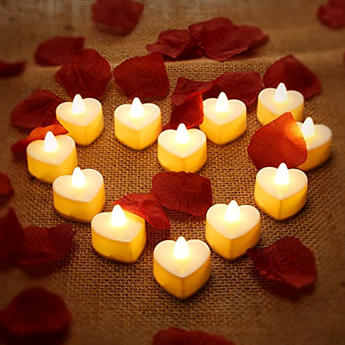 12 Pieces Heart Shape LED Tealight Candles Love LED Candles with 200 Pieces Silk Rose Petals Girl Scatter Artificial Petals for Valentine's Day Wedding Table Party Decor (Yellow Light, Dark Red Petal)