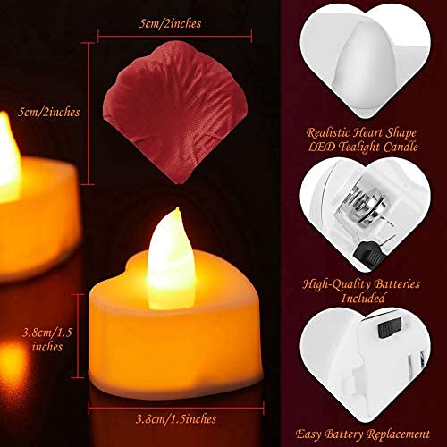 12 Pieces Heart Shape LED Tealight Candles Love LED Candles with 200 Pieces Silk Rose Petals Girl Scatter Artificial Petals for Valentine's Day Wedding Table Party Decor (Yellow Light, Dark Red Petal)