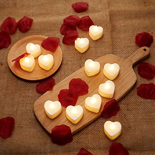 12 Pieces Heart Shape LED Tealight Candles Love LED Candles with 200 Pieces Silk Rose Petals Girl Scatter Artificial Petals for Valentine's Day Wedding Table Party Decor (Yellow Light, Dark Red Petal)