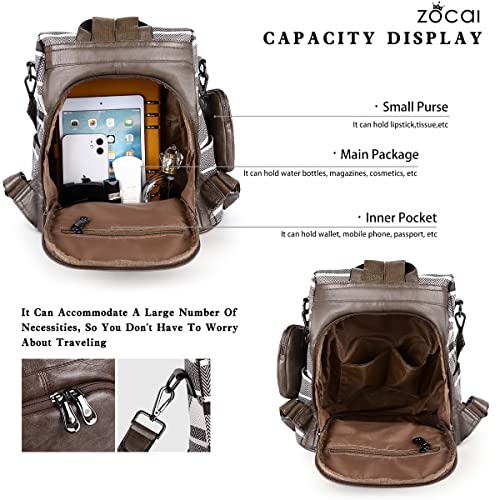 ZOCAI Backpack Purse for Women Fashion Backpack Purses PU Leather Daypacks Anti-Theft Shoulder Bag Satchel Purse(Khaki)