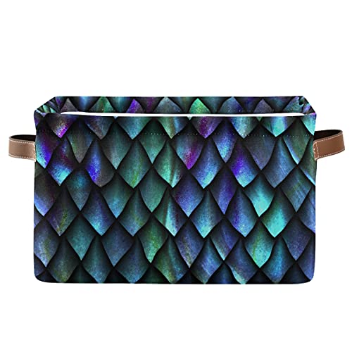 TropicalLife Rectangular Storage Bin Cube 3D Magical Dragon Scales Pattern Foldable Organizer Basket with Handles, Collapsible Storage Box for Kids Toy Shelf Closet Nursery