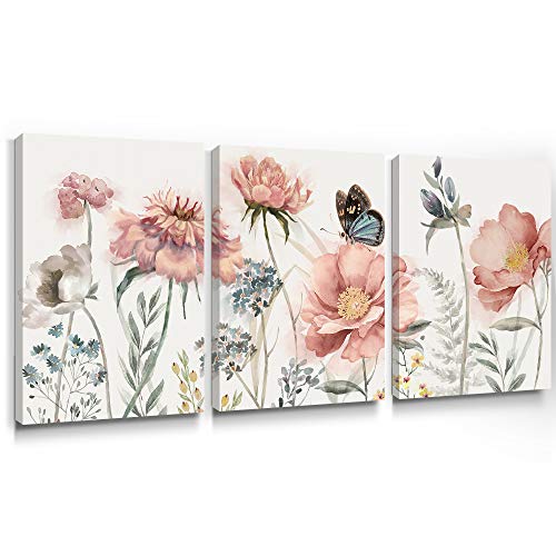 Slody Pink Wall Art Floral Peony Decor Butterfly Art Blossom Flower Painting Botanical Canvas Prints Framed Nature Poster Spring Plant Artwork for Rustic Bathroom Bedroom Living Room 12×16 Inch, 3 Piece