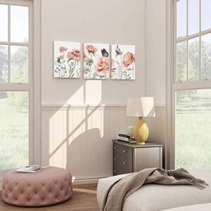 Slody Pink Wall Art Floral Peony Decor Butterfly Art Blossom Flower Painting Botanical Canvas Prints Framed Nature Poster Spring Plant Artwork for Rustic Bathroom Bedroom Living Room 12×16 Inch, 3 Piece