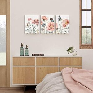 Slody Pink Wall Art Floral Peony Decor Butterfly Art Blossom Flower Painting Botanical Canvas Prints Framed Nature Poster Spring Plant Artwork for Rustic Bathroom Bedroom Living Room 12×16 Inch, 3 Piece