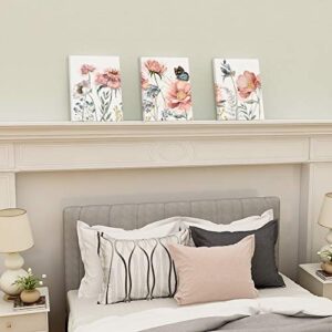 Slody Pink Wall Art Floral Peony Decor Butterfly Art Blossom Flower Painting Botanical Canvas Prints Framed Nature Poster Spring Plant Artwork for Rustic Bathroom Bedroom Living Room 12×16 Inch, 3 Piece