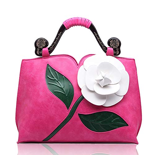 QUEENSHOW Classic Engraved Rose Soft PU Leather Flower Handbag Hobo Bag Tote Bag Shoulder Bags for Women rose red