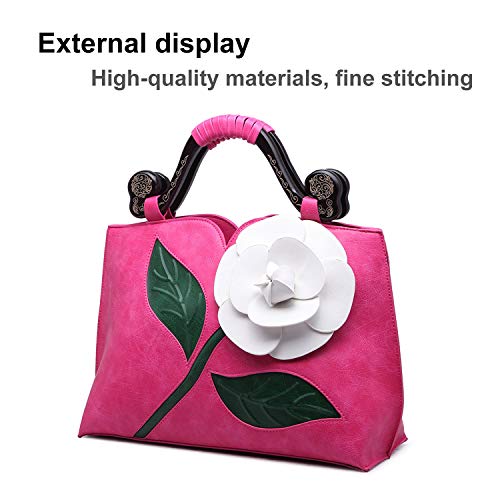 QUEENSHOW Classic Engraved Rose Soft PU Leather Flower Handbag Hobo Bag Tote Bag Shoulder Bags for Women rose red