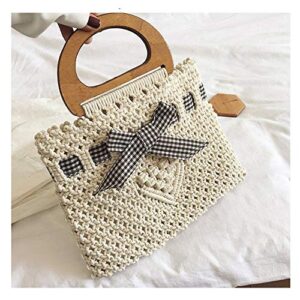 QTKJ Boho Women's Summer Beach Straw Crochet Bag, Hand-Woven Hollow Out Cotton Tote Bag Purse with Bow (White)