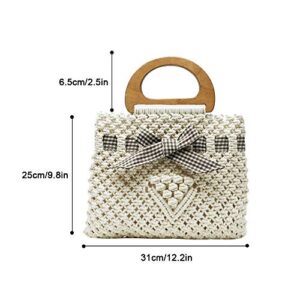 QTKJ Boho Women's Summer Beach Straw Crochet Bag, Hand-Woven Hollow Out Cotton Tote Bag Purse with Bow (White)