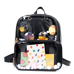 ita backpack purse, cute clear shoulder bag transparent kawaii daypack travel bag for pins display, black