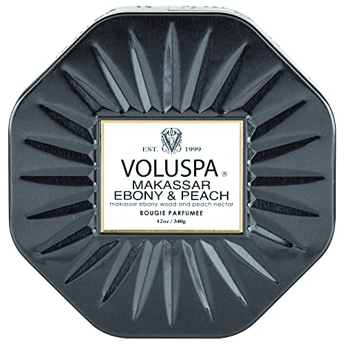 Voluspa Makassar Ebony & Peach Candle | 3 Wick Tin | All Natural Wicks and Coconut Wax for Clean Burning | 12 Oz.