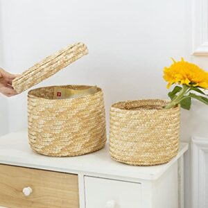 Storage Basket Straw Woven Storage Baskets with Lid Round Sundries Basket Gift Basket Desktop Storage Organizer for Vanity Cabinet Office 14x13cm Woven Storage Basket