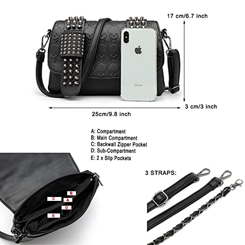 UULMBUJ Women Shoulder Crossbody Bag Punk Skull Rivet Purse, Gothic Clutch Handbags with Chain Shoulder Strap