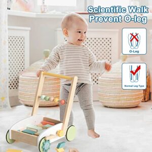 ROBOTIME Wooden Baby Push Walker Toy with Blocks,Baby Learning Walker Toddler Push Toys for 1 2 3 Yr Old, Toddler Activity Walker for Small Girls Boys 10 Month +