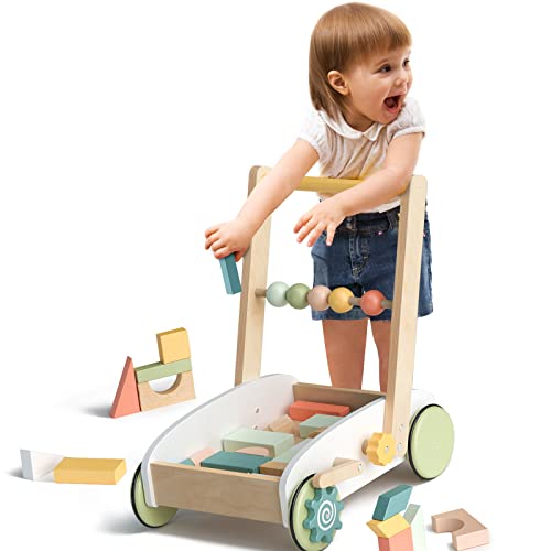 ROBOTIME Wooden Baby Push Walker Toy with Blocks,Baby Learning Walker Toddler Push Toys for 1 2 3 Yr Old, Toddler Activity Walker for Small Girls Boys 10 Month +