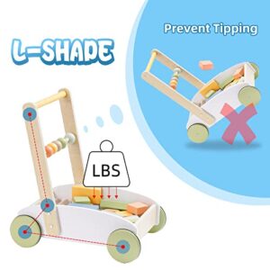 ROBOTIME Wooden Baby Push Walker Toy with Blocks,Baby Learning Walker Toddler Push Toys for 1 2 3 Yr Old, Toddler Activity Walker for Small Girls Boys 10 Month +