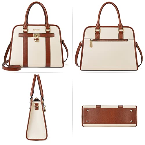 BOSTANTEN Women Leather Handbags Fashion Designer Purses Two Tone Satchel Top Handle Bags with Crossbody Strap,Beige